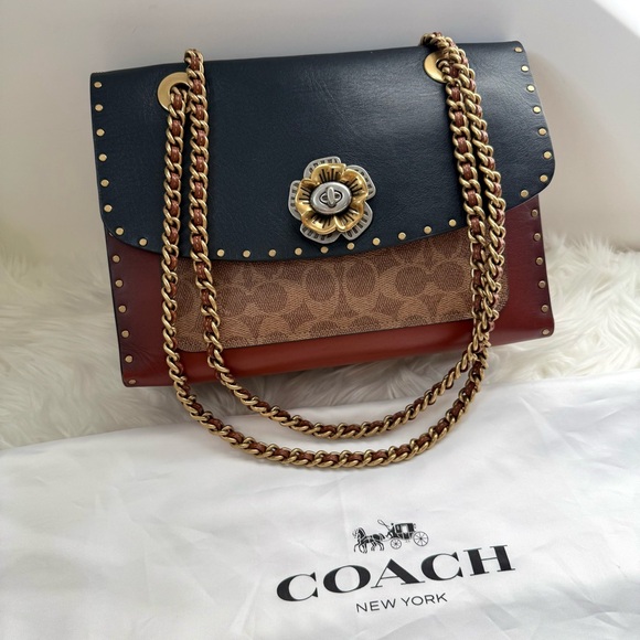 Coach | Bags | Coach Tea Rose Parker With Rivets And Snake Skin ...